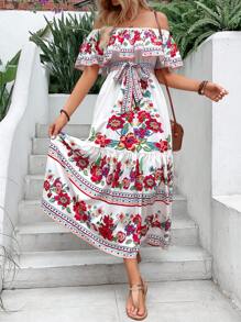 Breezaya Floral Print Off Shoulder Ruffle Hem Belted Dress | SHEIN USA