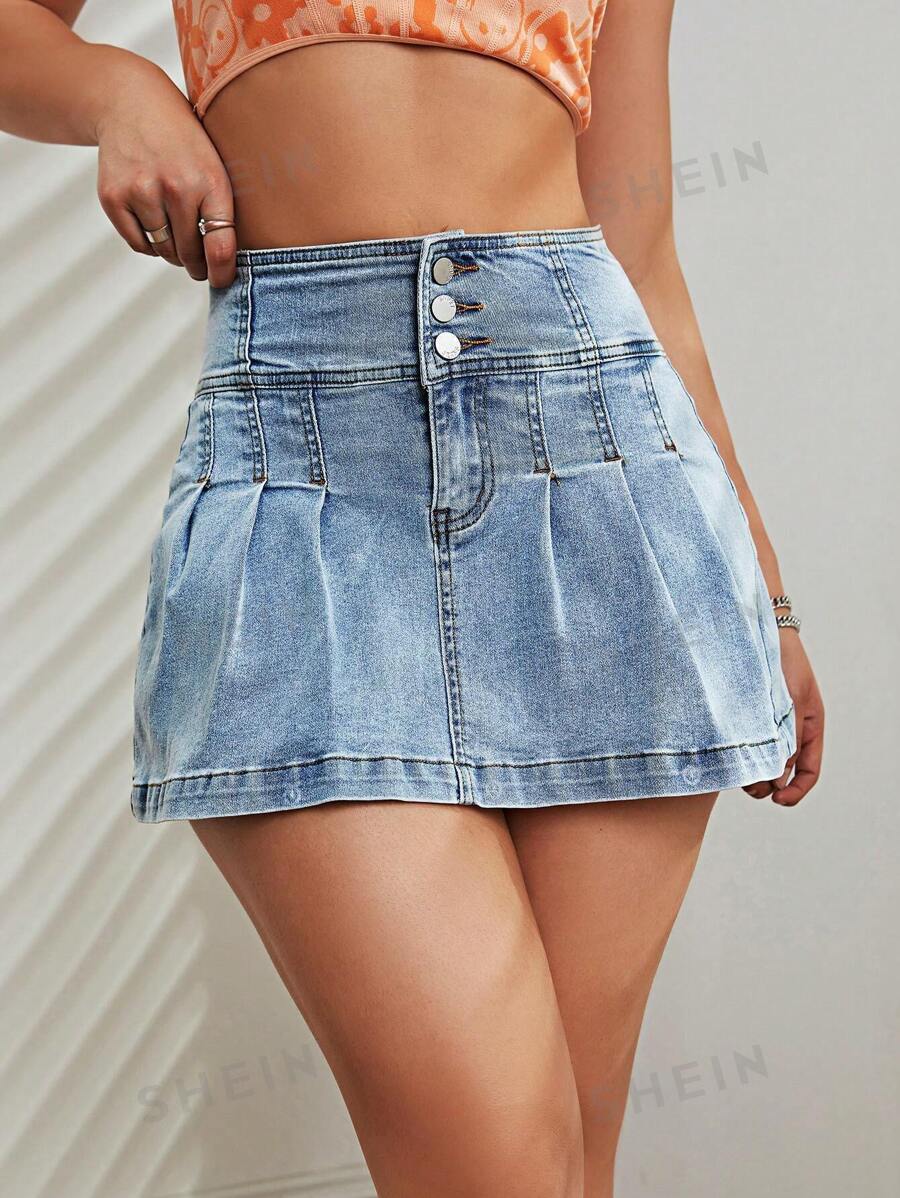 Skort denim cintura alta plissado | SHEIN Brasil