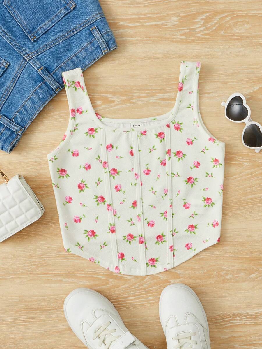 SHEIN Teen Girls Ditsy Floral Print Curved Hem Tank Top | SHEIN USA
