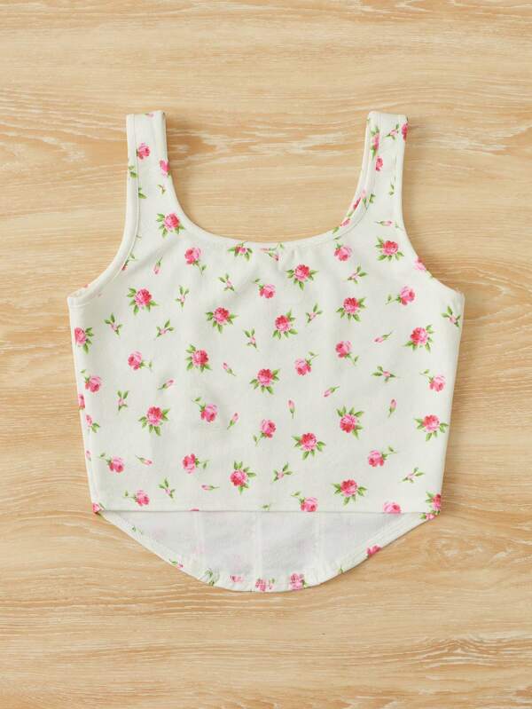 Shein Chicas Adolescentes Top Tank Con Estampado Floral Bajo Curvo