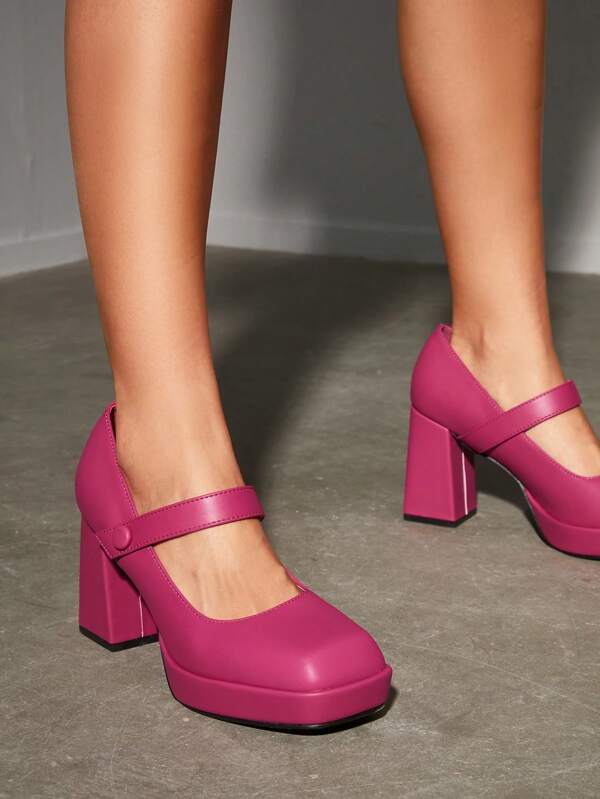 Women Square Toe Chunky Heeled Pumps, Funky Hot Pink Mary Jane Pumps | SHEIN USA