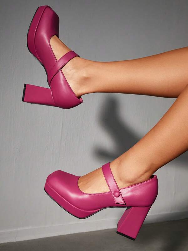 Women Square Toe Chunky Heeled Pumps, Funky Hot Pink Mary Jane Pumps ...
