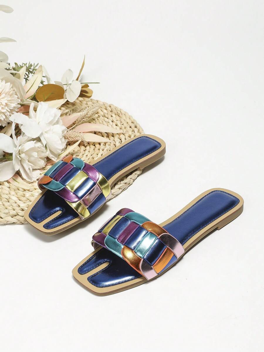 Women Non Slip Color Block Slide Sandals, Funky Summer Flat Sandals ...