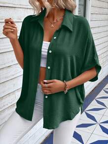 SHEIN LUNE Solid Batwing Sleeve Button Front Shirt | SHEIN USA