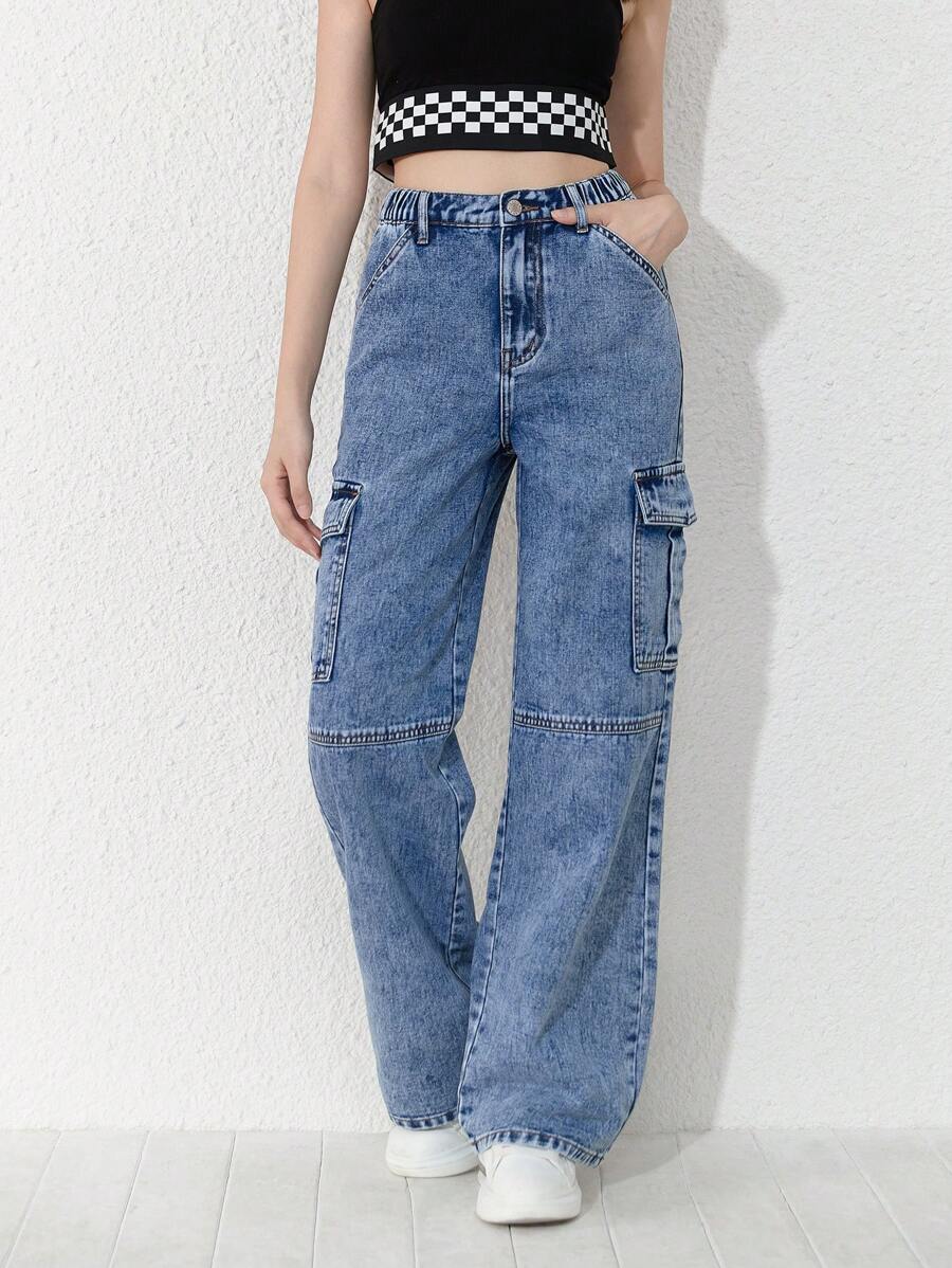 Teen Girls Flap Pocket Cargo Jeans | SHEIN USA