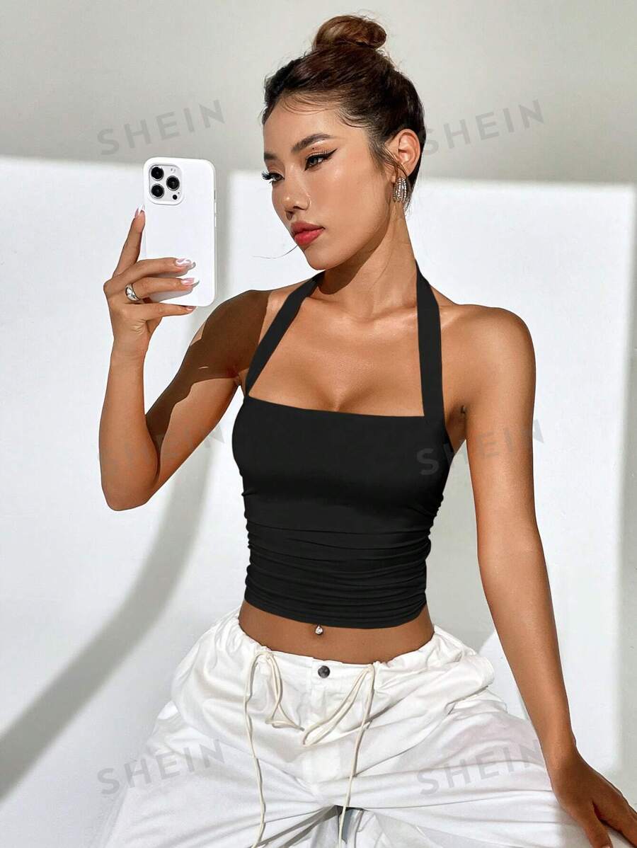 Shein Ezwear Summer Black Y2k Solid Ruched Halter Top Date Night Tops