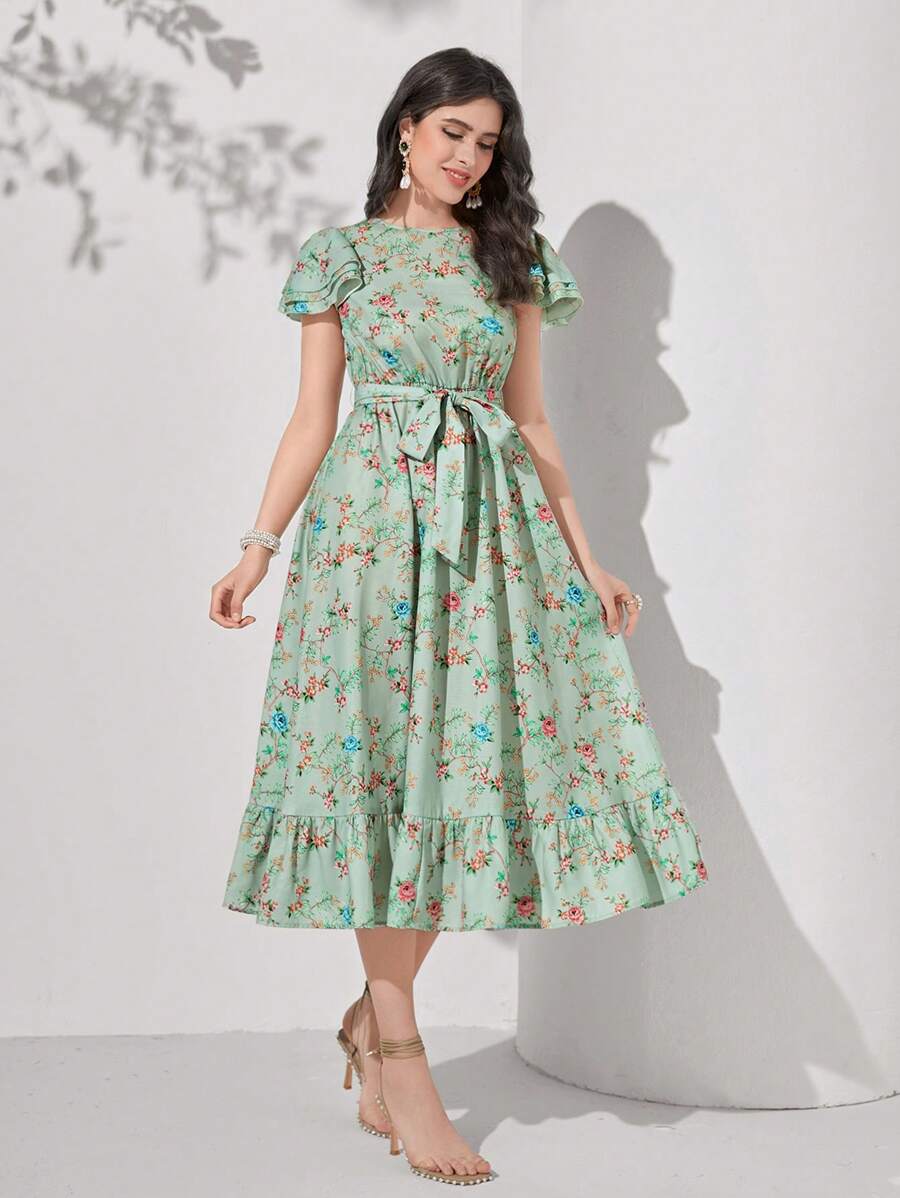 Mulvari Floral Print Ruffle Hem Belted Dress | SHEIN USA