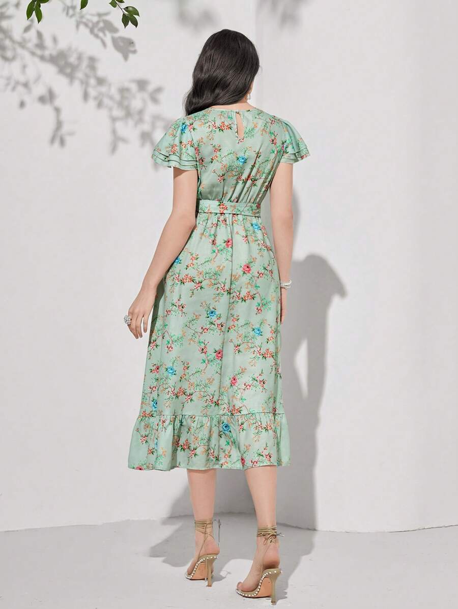 Shein Mulvari Floral Print Ruffle Hem Belted Dress Shein Usa