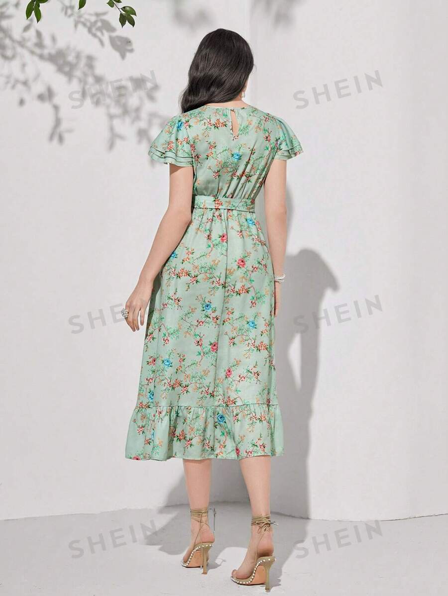 Shein Mulvari Floral Print Ruffle Hem Belted Dress Shein Usa