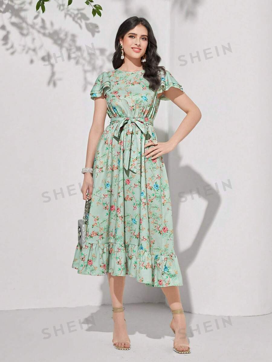 SHEIN Mulvari Floral Print Ruffle Hem Belted Dress | SHEIN USA
