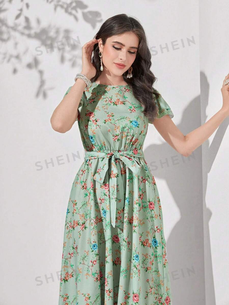 SHEIN Mulvari Floral Print Ruffle Hem Belted Dress | SHEIN USA