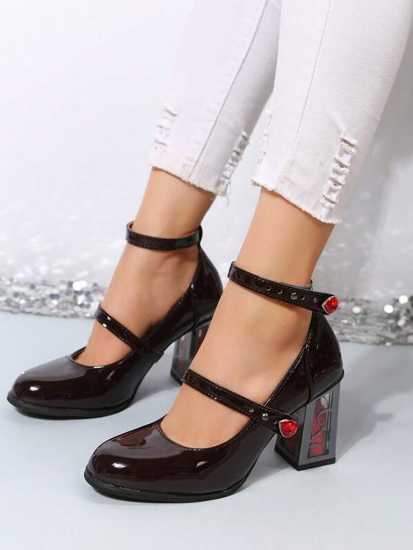 Women Minimalist Ankle Strap Pumps, Artificial Patent Leather Chunky ...