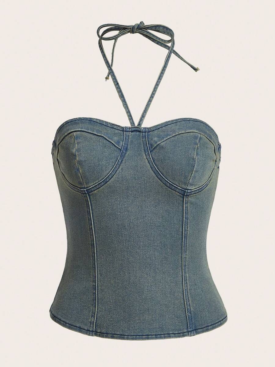 SHEIN EZwear Tie Backless Bustier Denim Halter Top | SHEIN USA