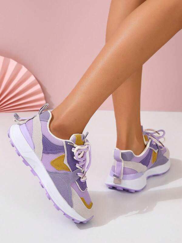 Sporty Running Shoes For Women, Colorblock Lace-up Front Sneakers ...