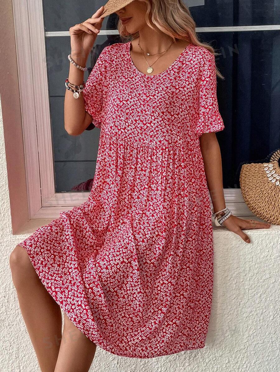 SHEIN LUNE Spring/Summer Short Sleeve Floral Print Round Neck Ruffle ...