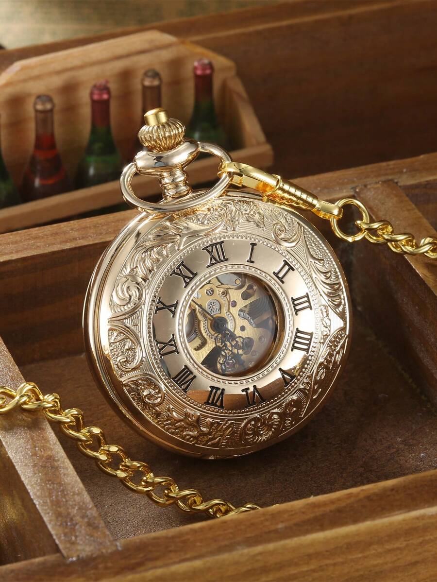 1pc Men Gold Double Open Case Retro Wave Alloy Watch Mechanical Pocket ...