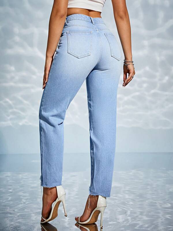 SHEIN Essnce High Waist Ripped Mom Fit Jeans | SHEIN USA