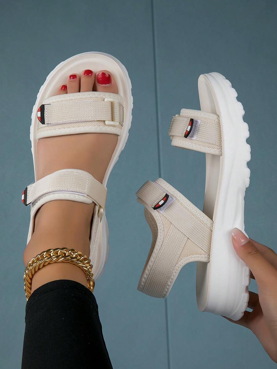 Women Hook-and-loop Fastener Sports Sandals, Sporty Beige Fabric Sport ...