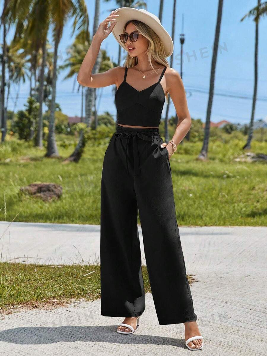 SHEIN VCAY Spring Break Solid Cami Top & Wide Leg Pants Two Piece ...