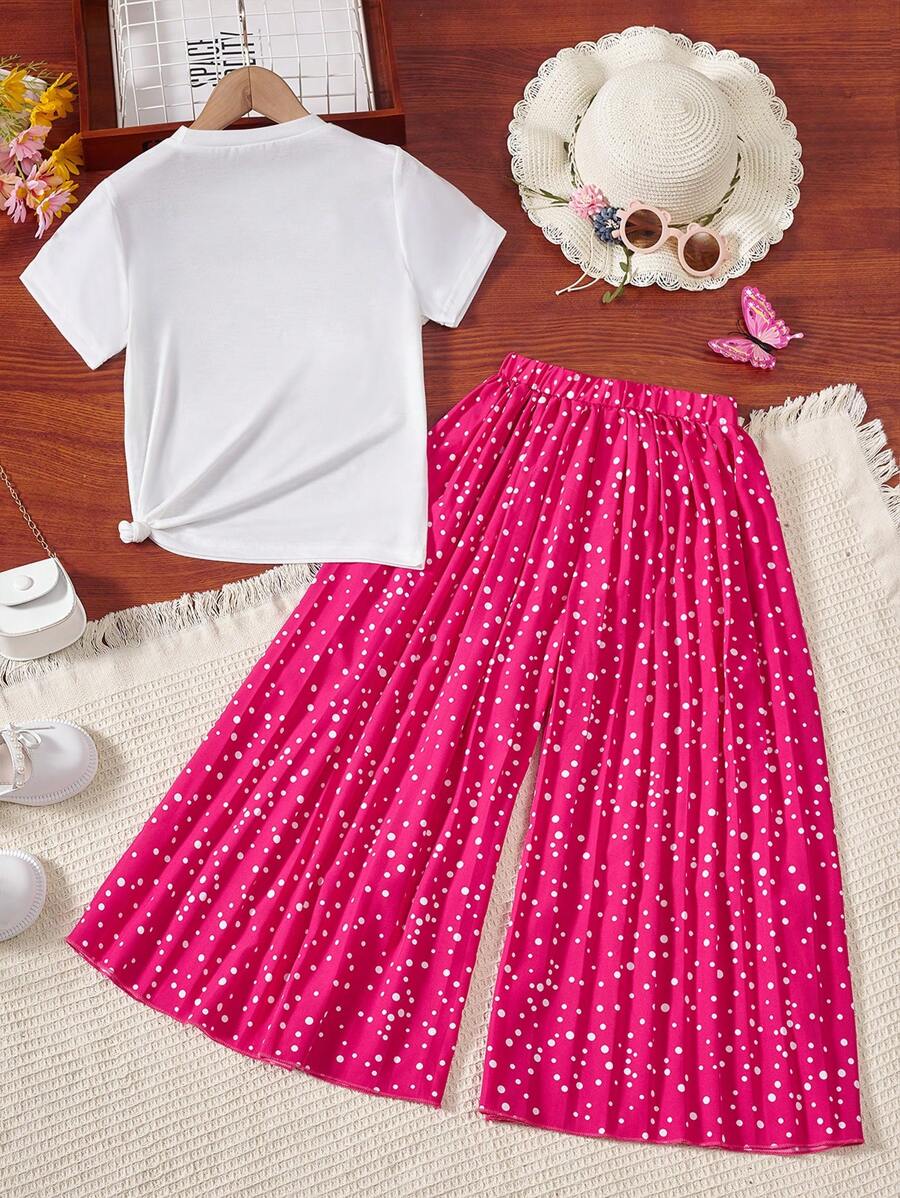 SHEIN Tween Girl Figure Graphic Tee & Polka Dot Wide Leg Pants Set ...