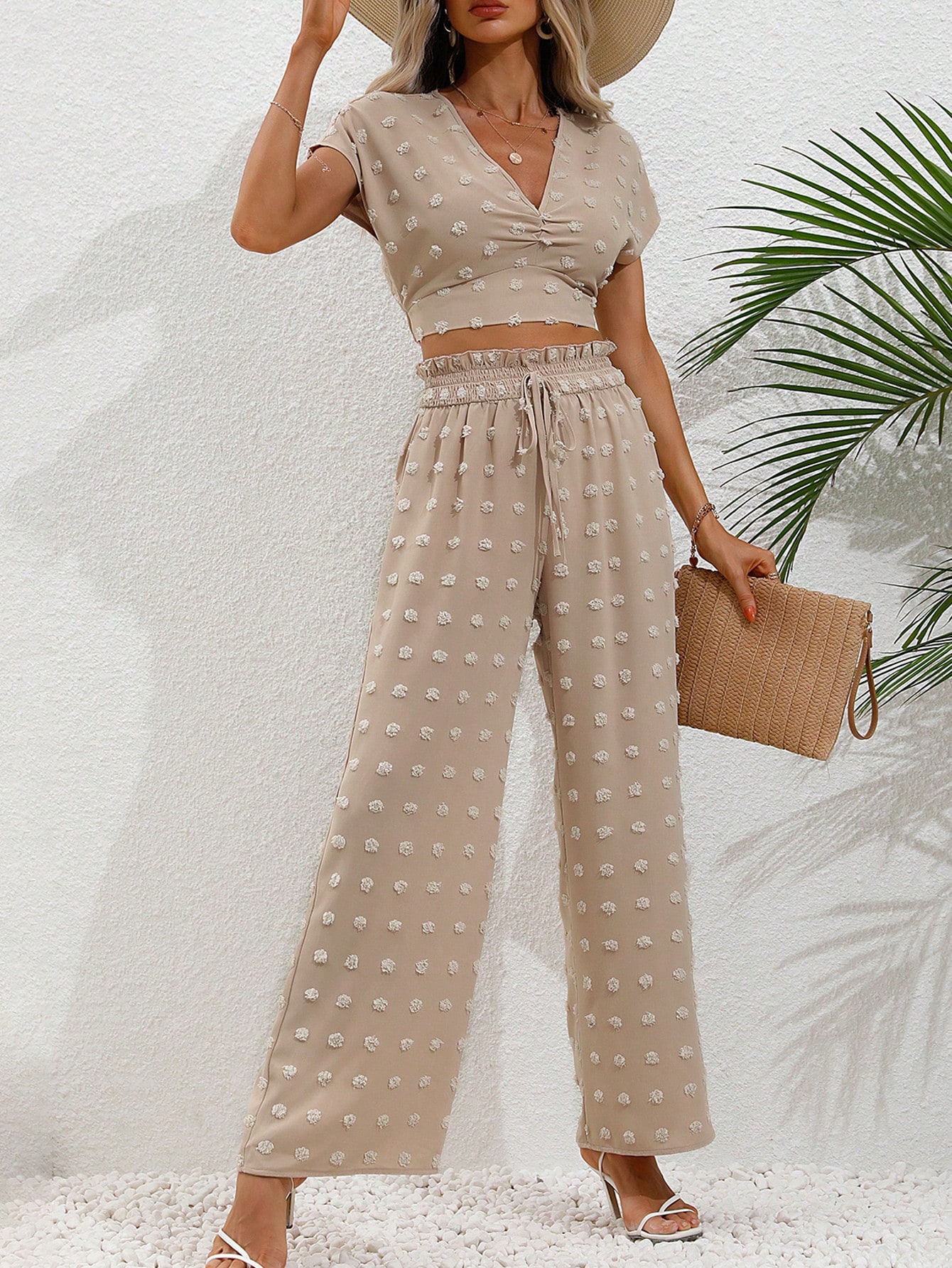 Shein Vcay Swiss Dot Batwing Sleeve Crop Top And Paperbag Waist Trousers