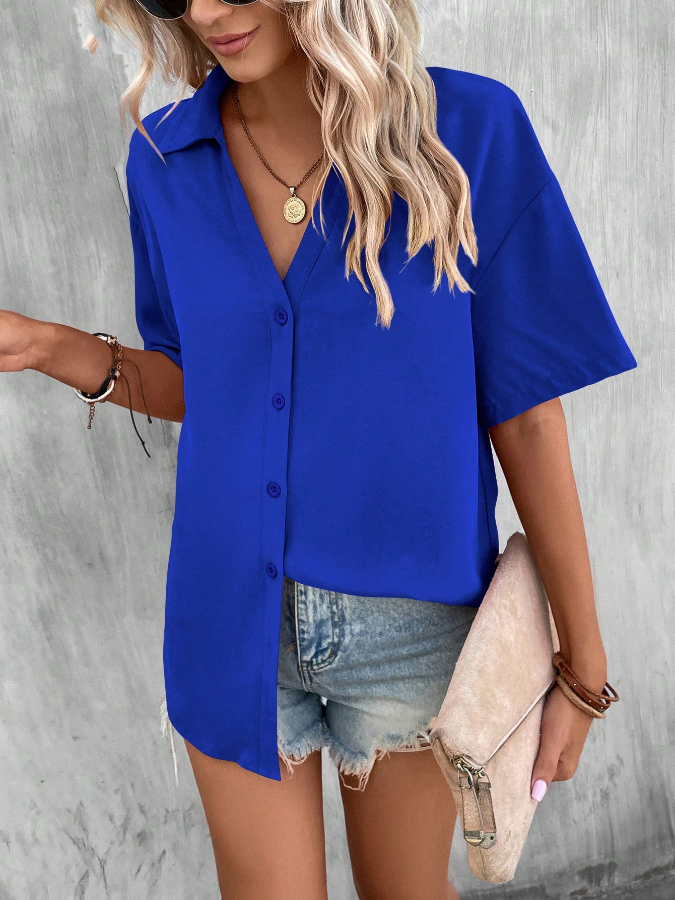 Shein Frenchy Chemisier Unicolore Épaule Tombante À Bouton Mode En