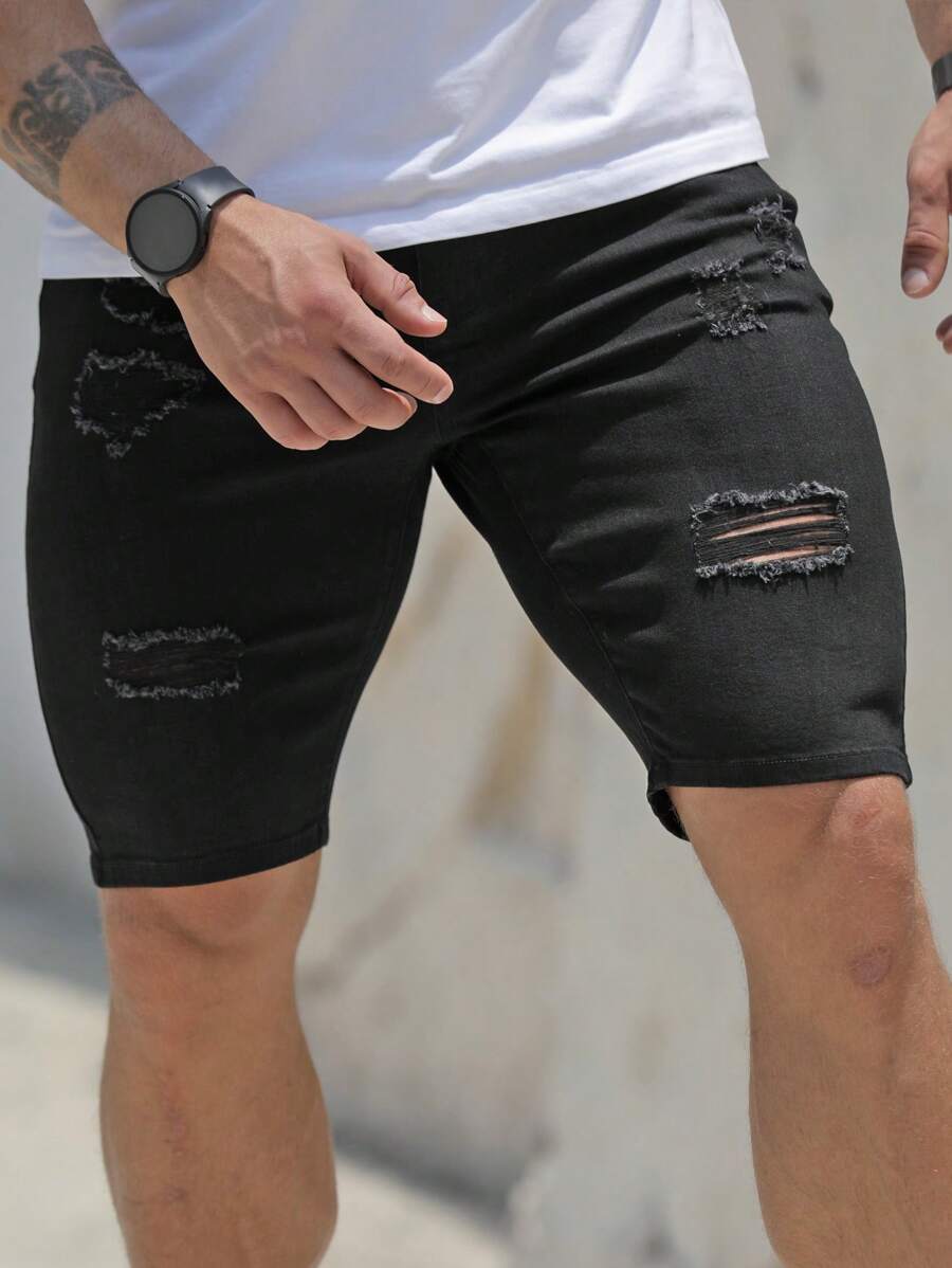 Manfinity Men Cotton Ripped Frayed Denim Shorts Jorts Plain Black Work ...