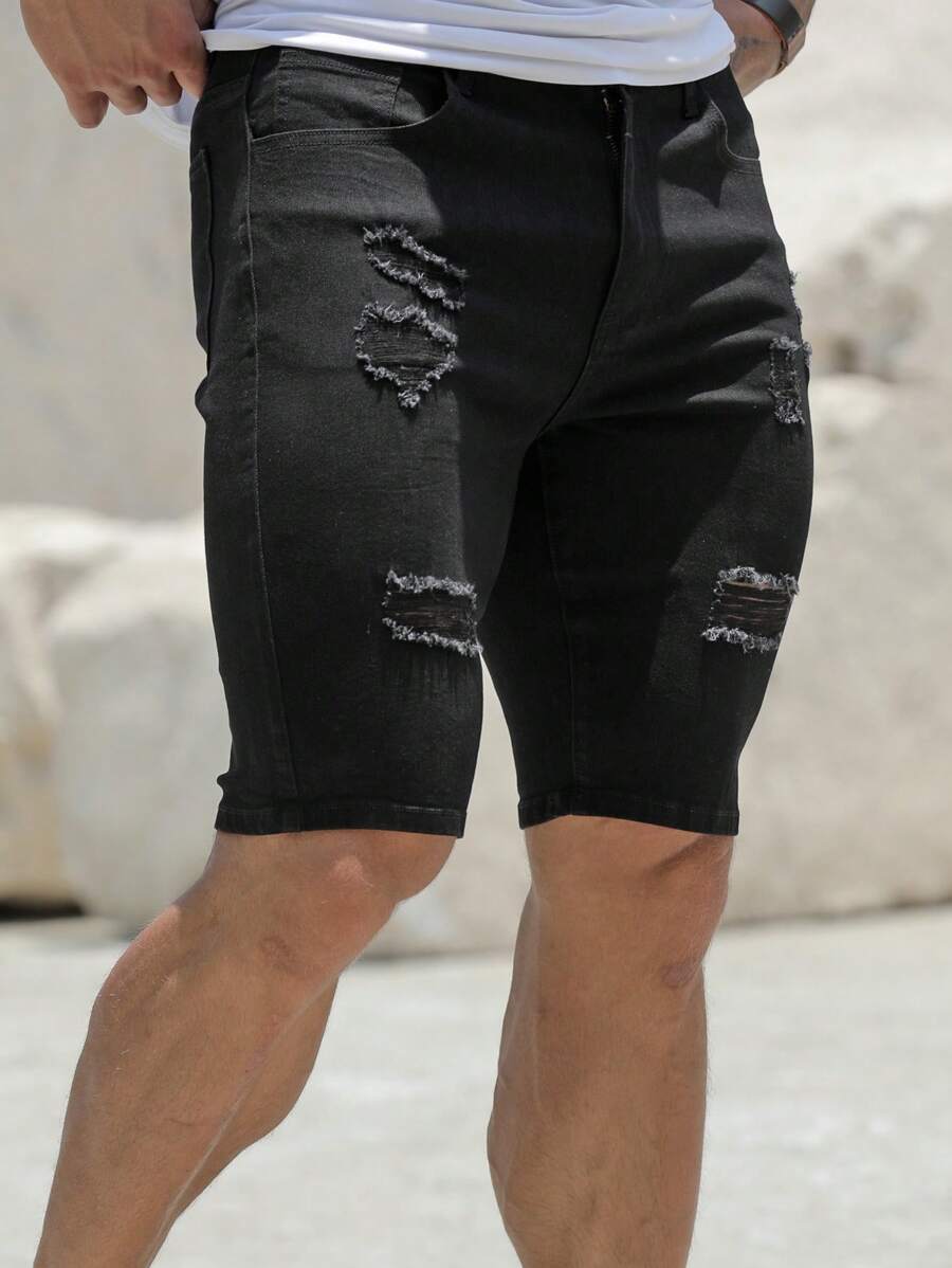 Manfinity Men Cotton Ripped Frayed Denim Shorts Jorts Plain Black Work ...