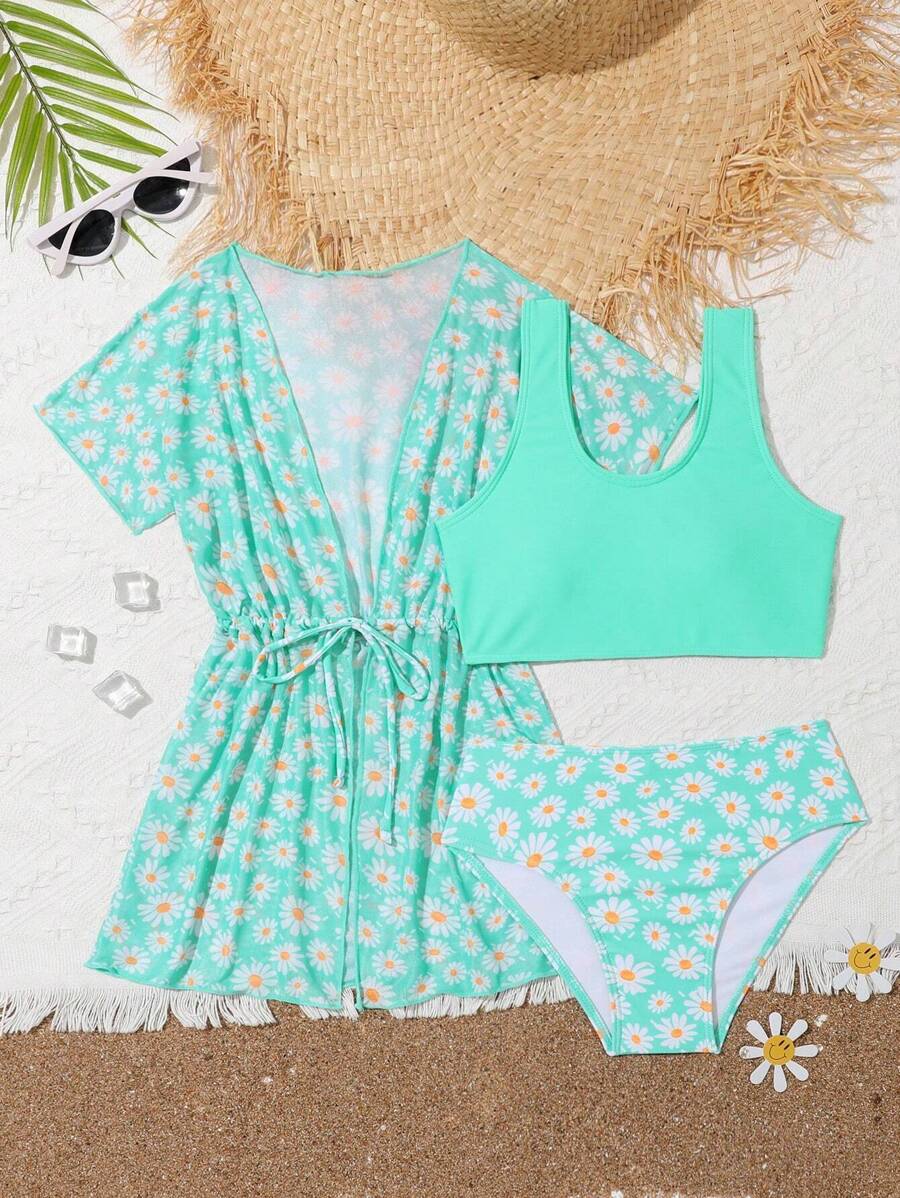 Tween Girl Floral Print Bikini Set With Kimono Matching Set Summer Beach Shein South Africa