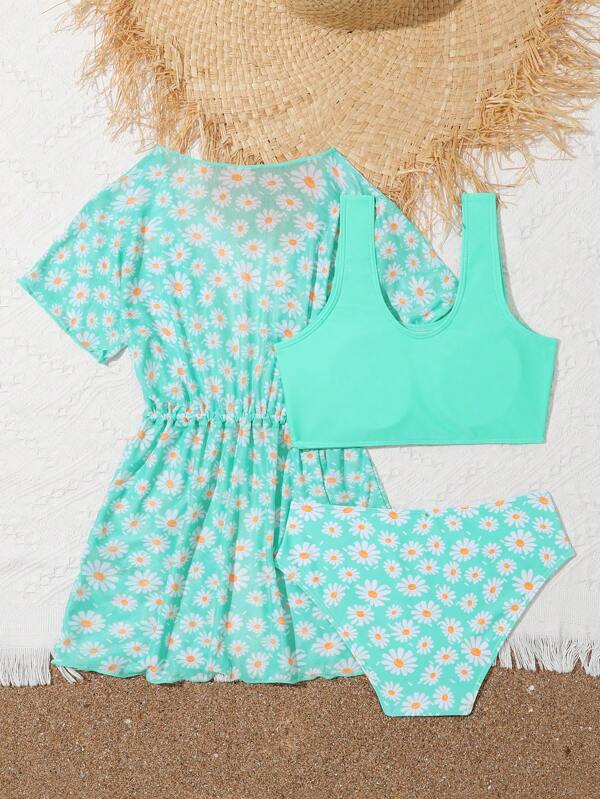 Girls Floral Print Bikini Swimsuit With Kimono Shein Usa