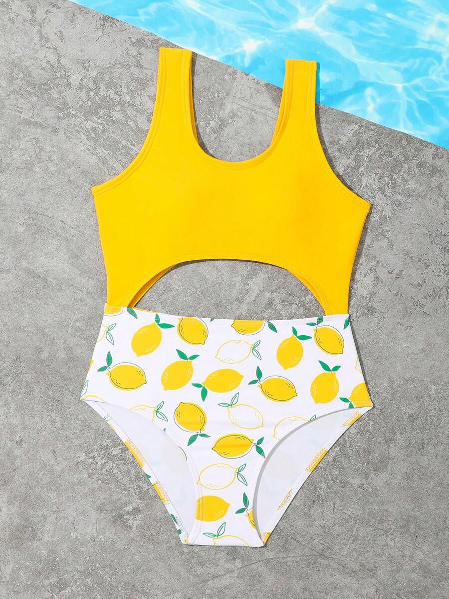 Girls Lemon Print Cut Out One Piece Swimsuit Shein Usa