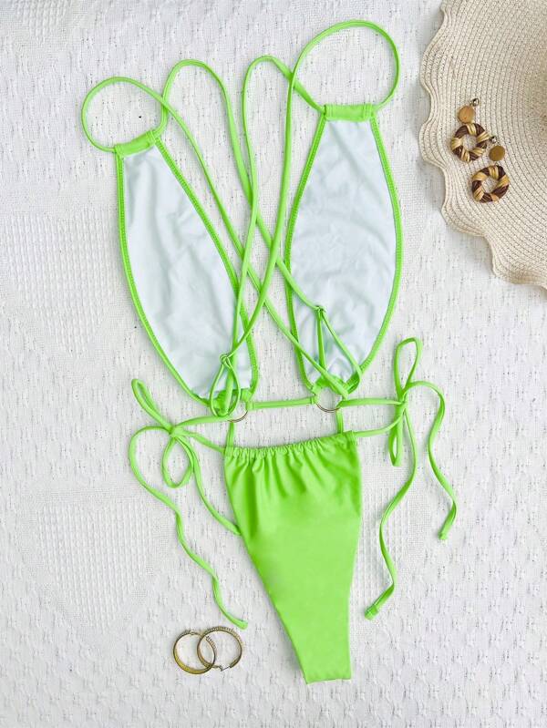 Shein Swim Sxy Plain Criss Cross Backless Knot Side One Piece Swimsuit