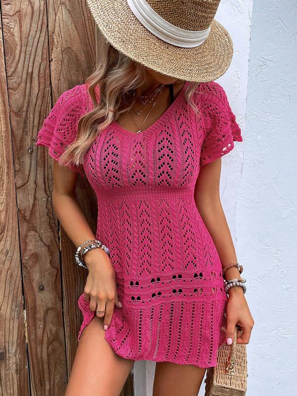 Knit Mix Hollow Out Cover Up Dress Without Bikini | SHEIN USA