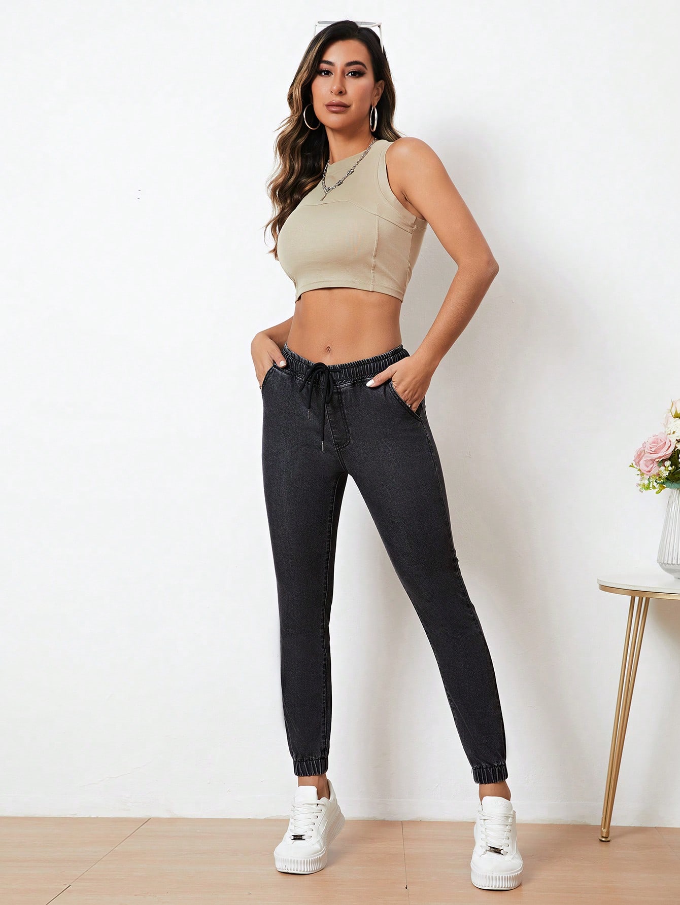 SHEIN Essnce Drawstring Waist Jogger Jeans | SHEIN UK