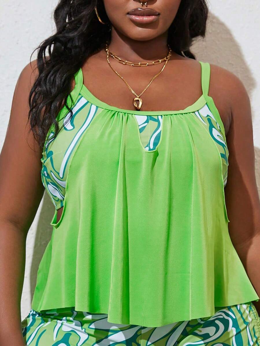 SHEIN Swim Curve Plus Graphic Print Cut Out Tankini Top | SHEIN USA