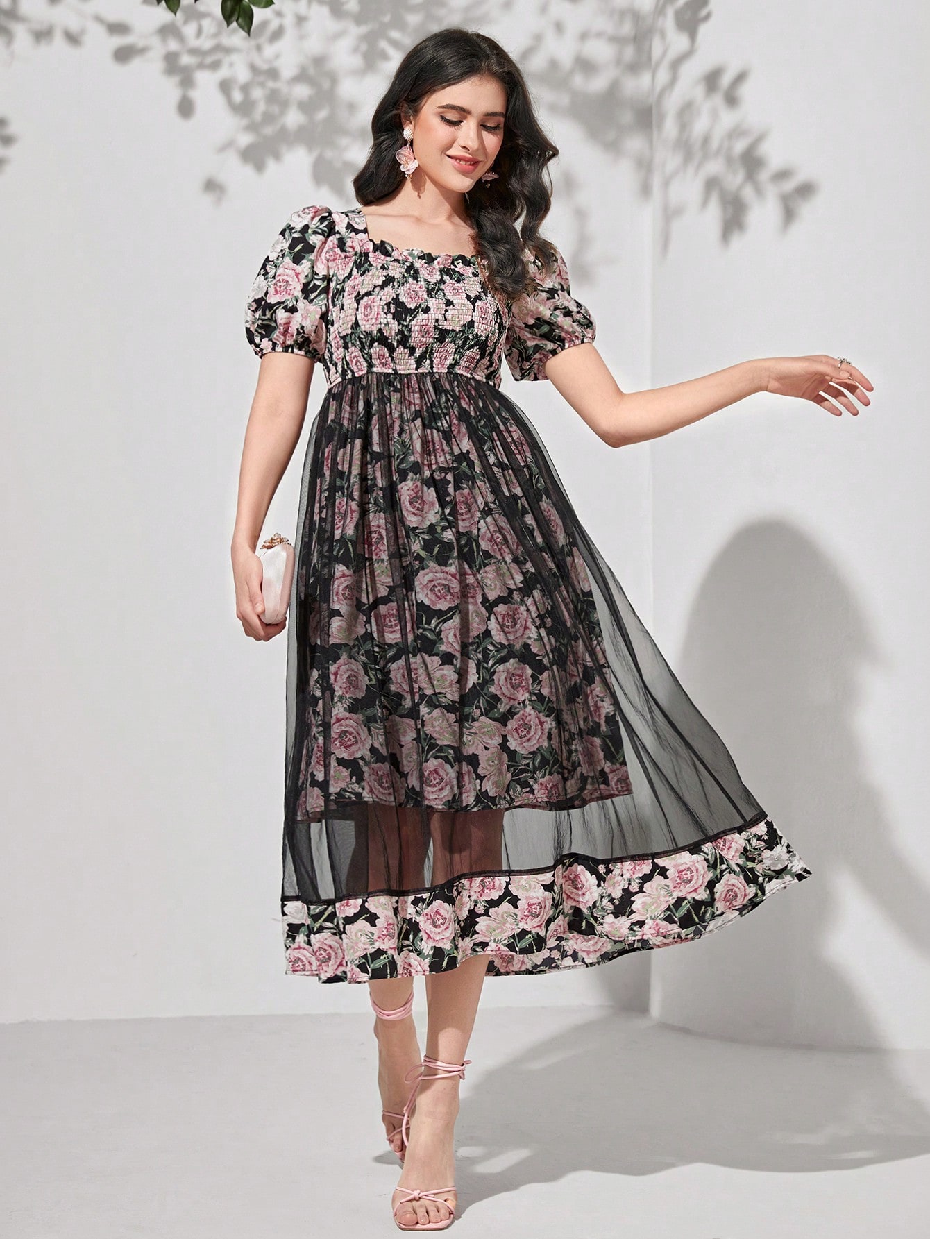 SHEIN Mulvari Floral Print Mesh Overlay Dress | SHEIN USA