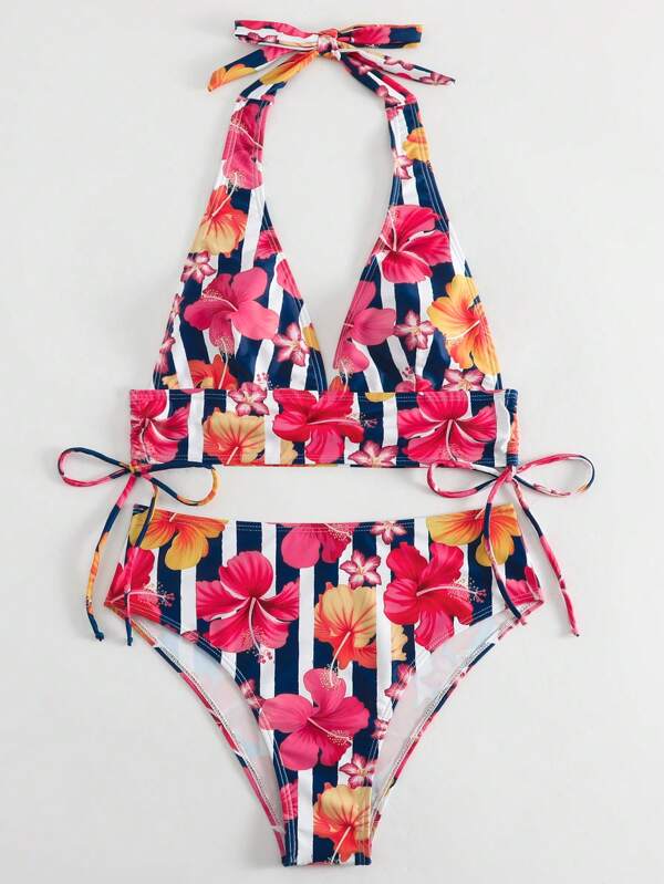Floral Print Drawstring Side Halter Bikini Swimsuit Shein Usa