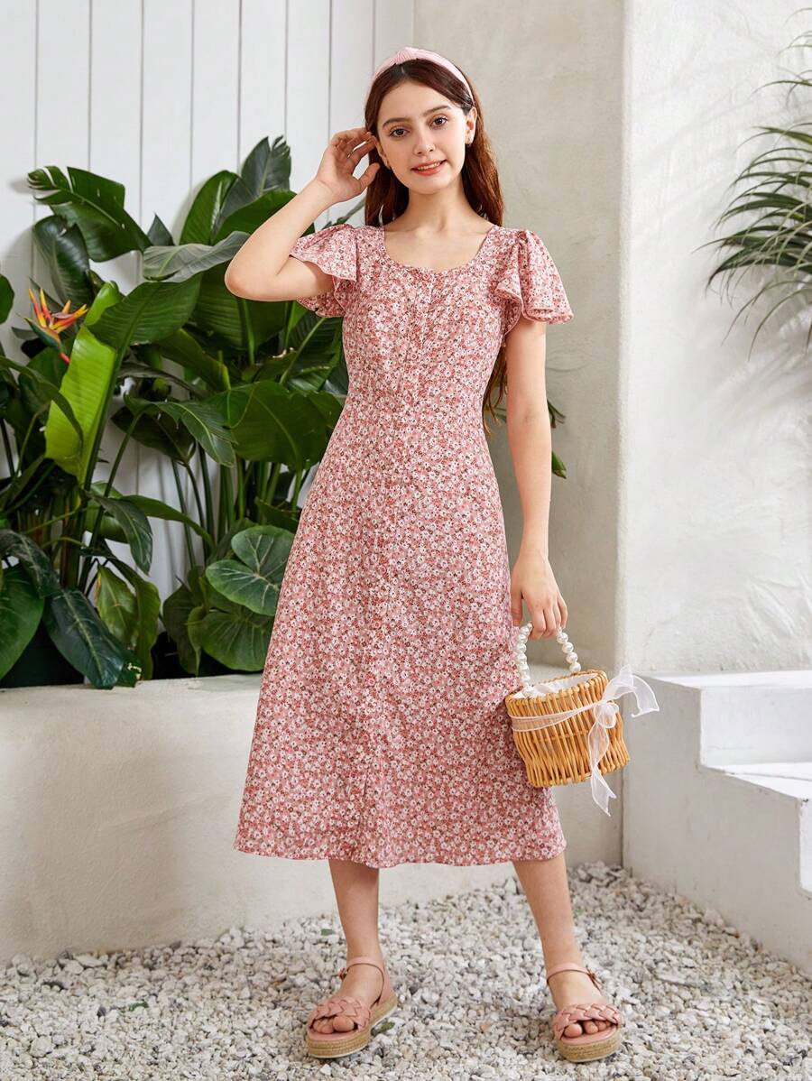 Teen Girl Ladylike U-Neck Pink & White Floral Print Dress With Ruffle ...