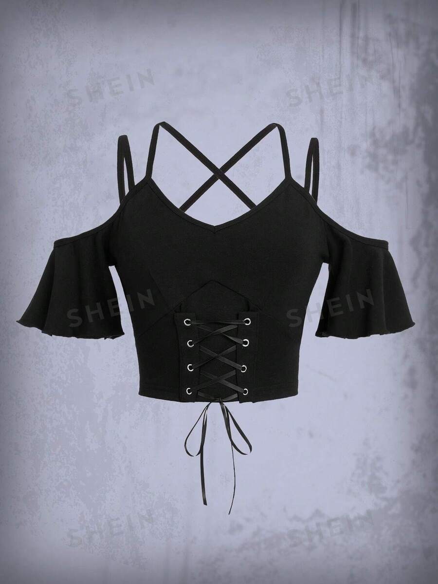 ROMWE Goth Lace Up Front Cold Shoulder Top | SHEIN EUR