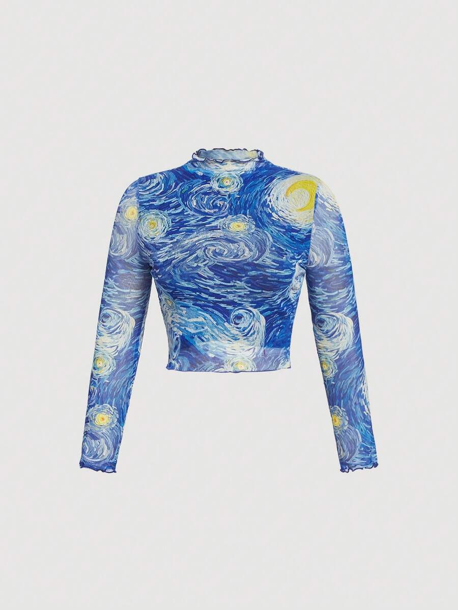 Shein Mod Plus Allover Print Mock Neck Lettuce Trim Mesh Top Shein Usa