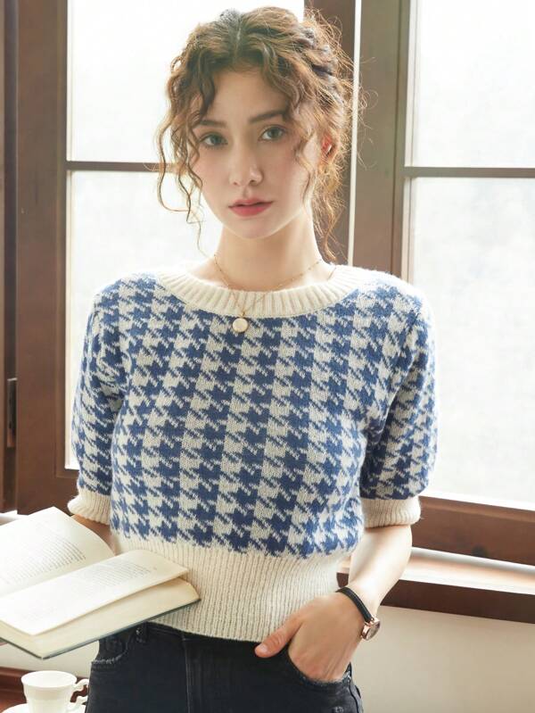 Knit Mix Houndstooth Pattern Puff Sleeve Knit Top | SHEIN USA