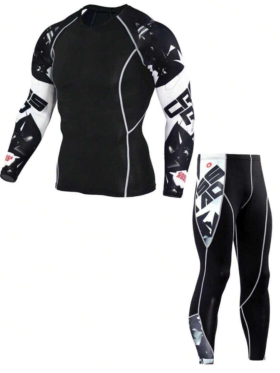 SHEIN Fitness Men Geo Print Top-Stitching Raglan Sleeve Sports Set ...