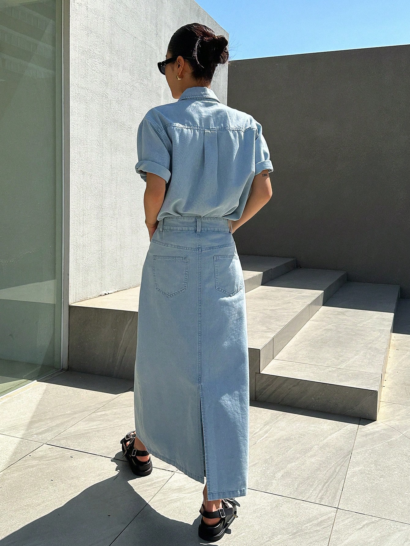 DAZY Flap Pocket Drop Shoulder Denim Coat & Split Back Skirt | SHEIN USA