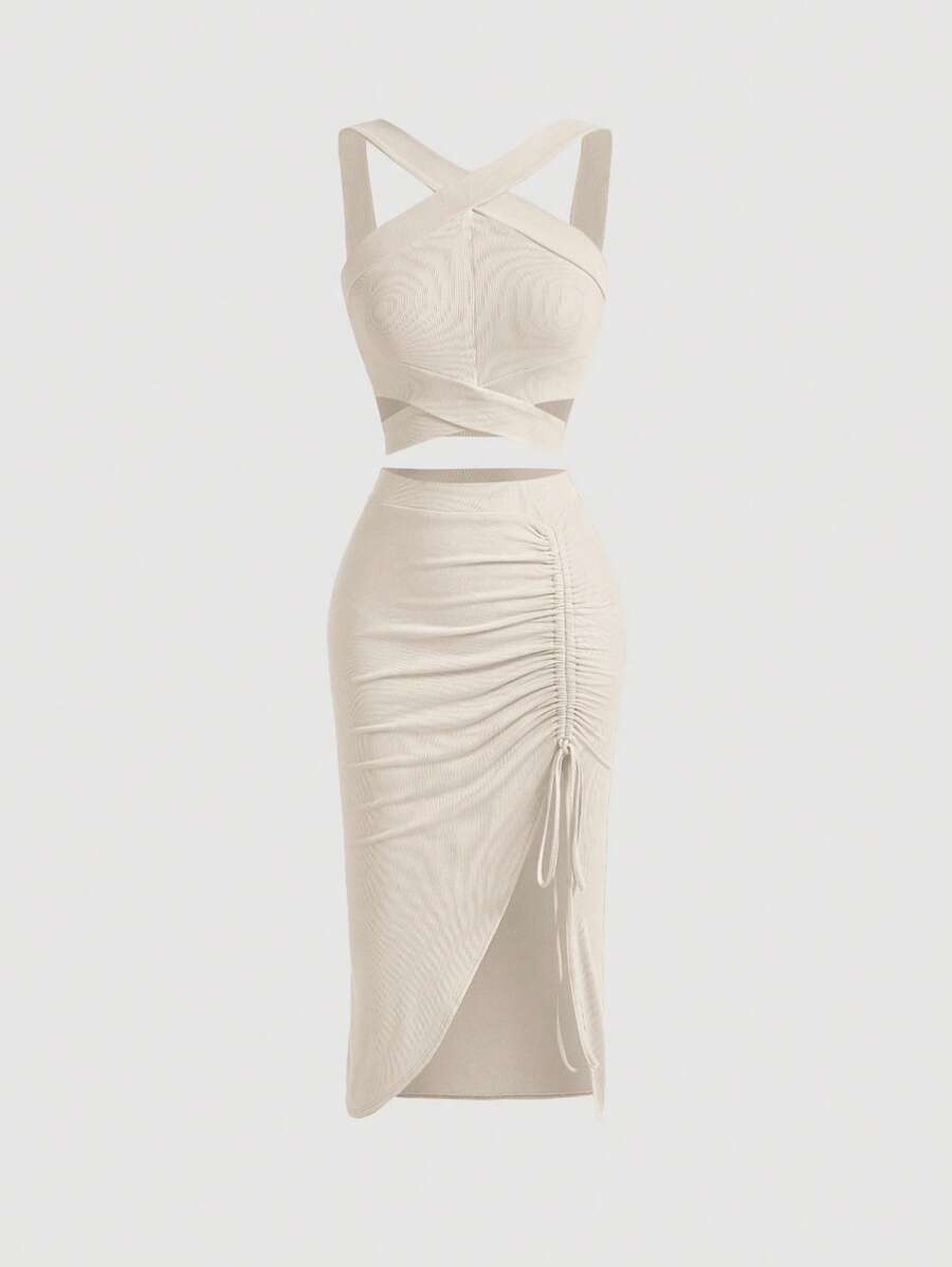 SHEIN MOD Crisscross Wide Strap Top & Drawstring Split Thigh Skirt ...