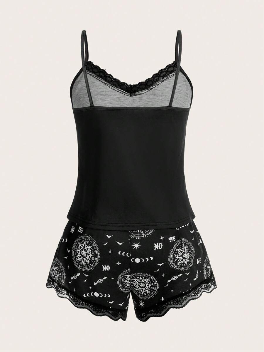 Romwe Academia Sun And Moon Graphic Contrast Lace Pj Set Shein Usa