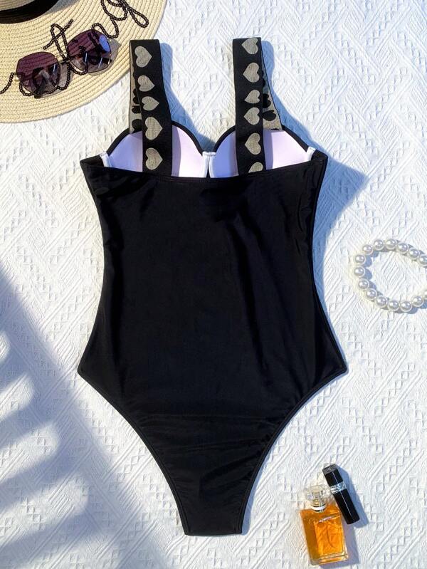 SHEIN Swim BohoFeel Heart Tape Push Up One Piece Swimsuit | SHEIN EUR