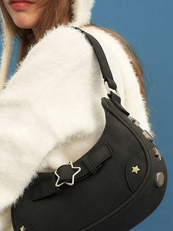 Lightweight,Business Casual Small Hobo Bag Star Decor With Zipper PU ...