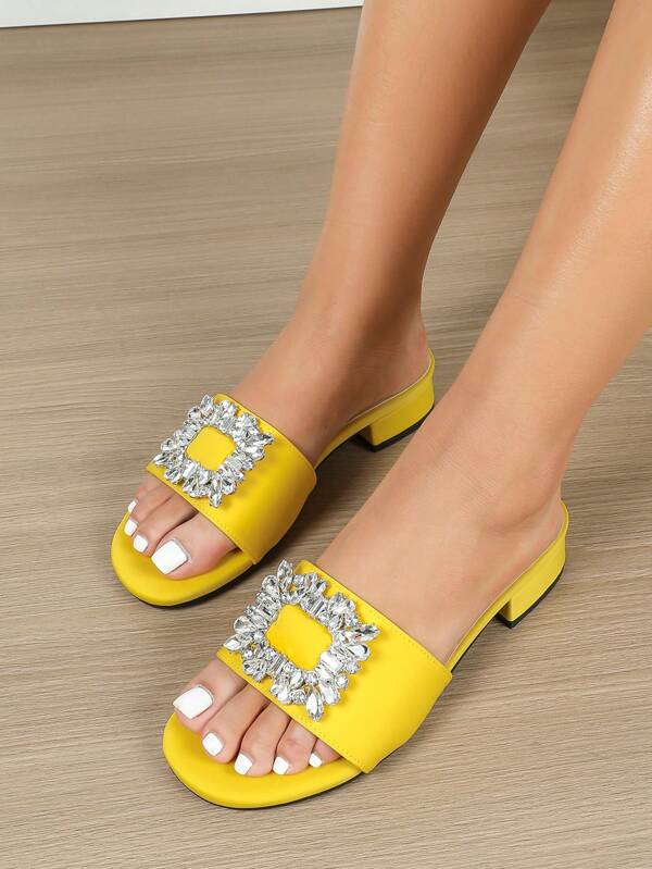 Women Rhinestone Decor Flat Sandals, Glamorous Yellow Summer Slide ...