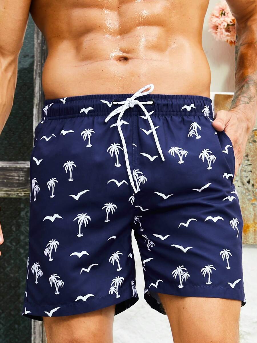 Manfinity Swimmode Men Coconut Tree And Bird Print Drawstring Waist Swim