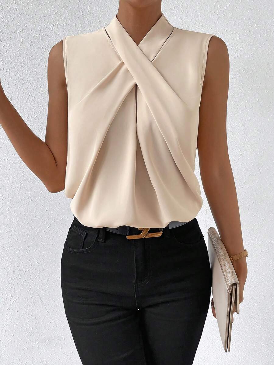 SHEIN Privé Solid Wrap Cross Blouse | SHEIN USA